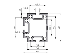 50 x 70 1-Side Closed Telescoping T-Slot Extrusion | 54.74